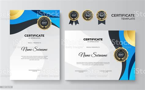 현대 파란색 인증서 템플릿 및 테두리 상 졸업장 및 인쇄 파란색과 금색의 우아한 업적 증명서 템플릿 골드 배지와 테두리 0명에 대한 스톡 벡터 아트 및 기타 이미지 Istock