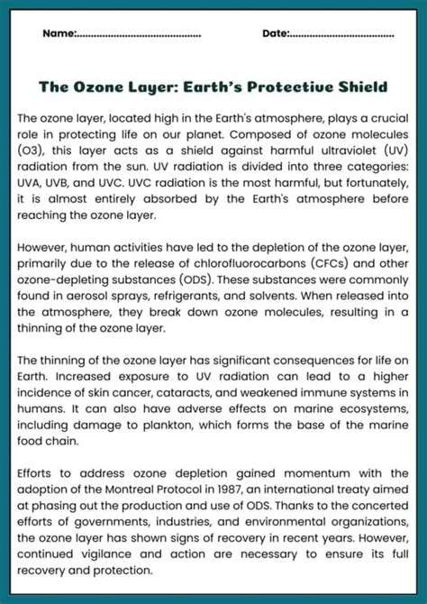 The Ozone Layer Reading Comprehension Passage And Questions Tpt
