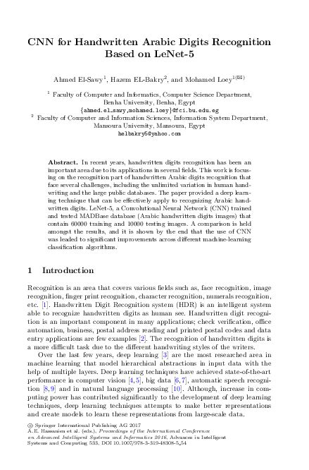 Pdf Cnn For Handwritten Arabic Digits Recognition Based On Lenet 5