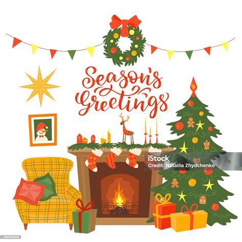 벽난로 크리스마스 트리 안락 의자 및 선물과 겨울 휴가 인사말 카드 화환 촛불 귀여운 캐릭터로 장식되어 있습니다 흰색 배경에 다채로운 벡터 고립 된 그림 0명에 대한 스톡