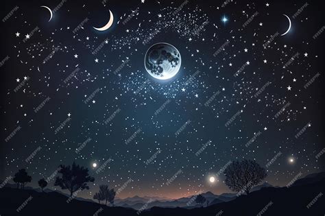 Иллюстрация ночного неба со звездами луной и созвездиями Премиум Фото