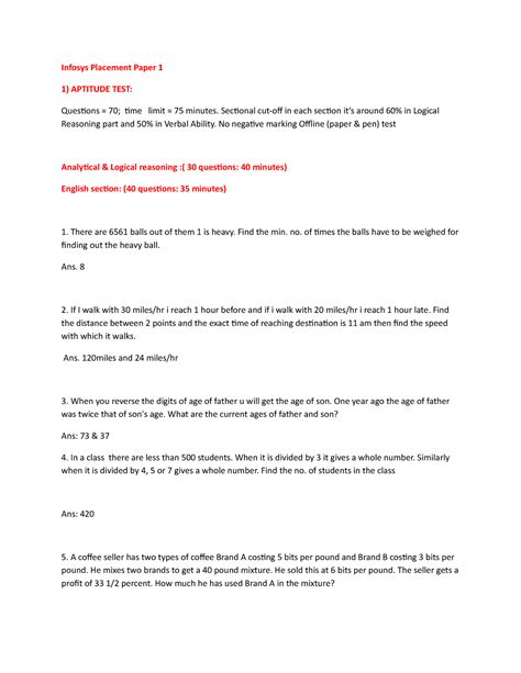 Infosys Placement Sample Paper 1 Infosys Placement Paper 11 Aptitude