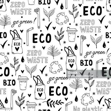 에코 낙서는 원활한 벡터 패턴입니다 환경 보호의 상징 재활용 지구를 구하기 플라스틱 없음 녹색으로 가고 낭비하지 마십시오 천연 환경 친화적 인 제품 벽지 포장에 대한 배경