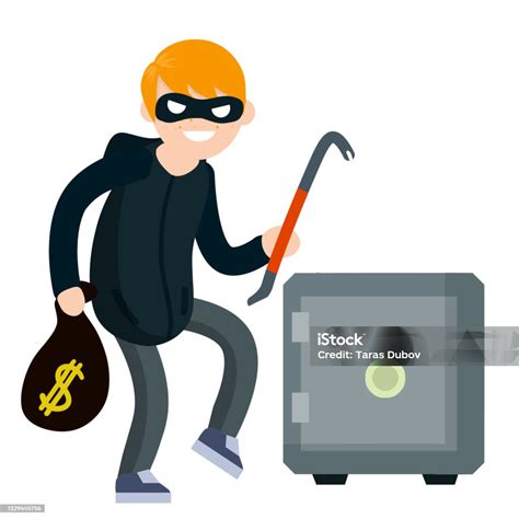 지렛대와 은행 금고남자 도둑 돈을 깨고 훔치는 형사 문제 남성 범죄자몰래 만화 평면 일러스트 가이 강도 에 검정 와 마스크
