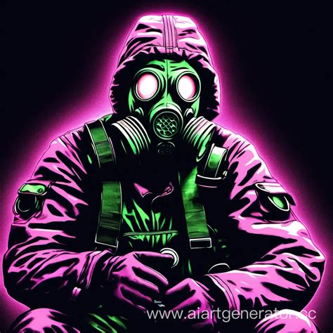 Chernobyl Zone Stalker In Animated Gas Mask Eerie Green And Pink Lighting Ai Art Generator