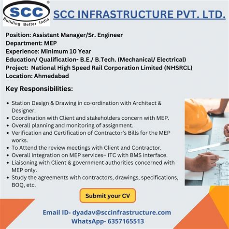 Scc Infrastructure Pvt Ltd Is Hiring Assistant Manager Sr Engineer Mep For Bullet Train