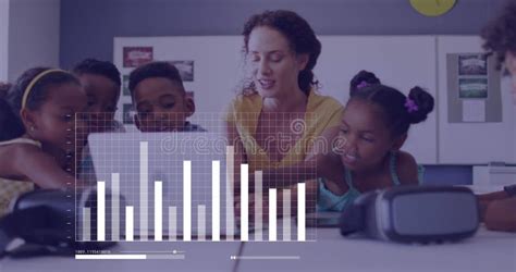 Image Of Data Processing Over Happy Diverse Female Teacher And Pupils
