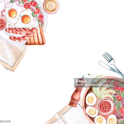 시골과 영국식 아침 식사가 있는 정사각형 프레임 레스토랑 메뉴 디자인 미식 잡지 및 축제를 위한 음식 테마에 고립된 수채화 그림 건강한 식생활에 대한 스톡 벡터 아트 및
