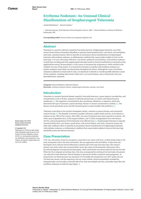 Erythema Nodosum An Unusual Clinical Manifestation Of Oropharyngeal Tularemia Docslib