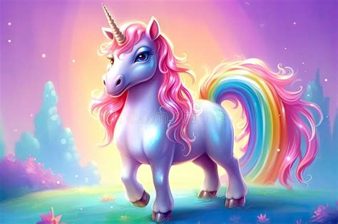 Cartoon Cute Magical Unicorn And Raibow Generative Ai Stock