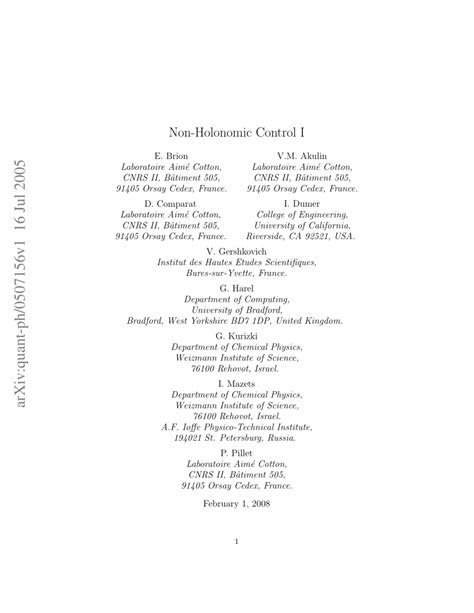 Pdf Non Holonomic Control I