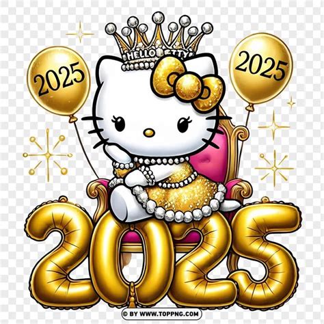 Royal Hello Kitty Celebrating 2025 With Golden Balloons And Throne Png