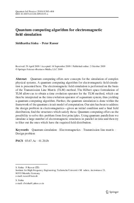Pdf Quantum Computing Algorithm For Electromagnetic Field Simulation