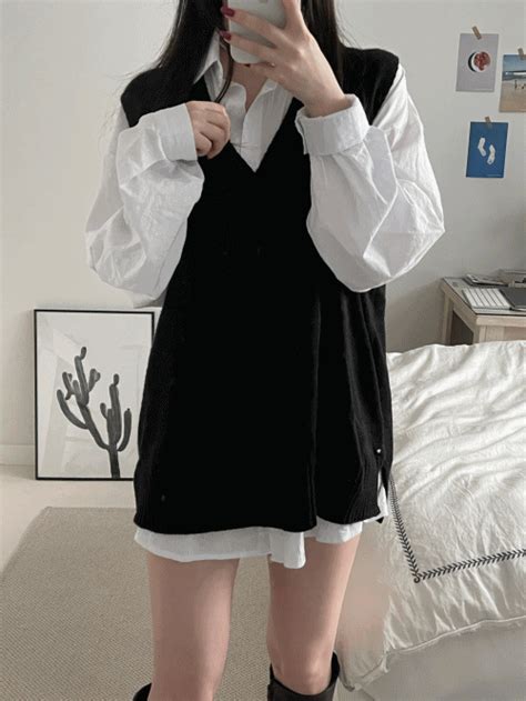 여자친구룩셔츠 레이어드 추천 브이넥 남자친구 오버핏 롱 니트 원피스 조끼 에이블리