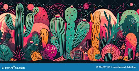 vibrant hand sketched cactus illustrations with striking lines shapes