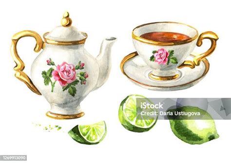 찻주전자 차 한 잔 라임 세트 흰색 배경에 고립 된 손으로 그린 수채화 그림 건강관리와 의술에 대한 스톡 벡터 아트 및 기타 이미지 건강관리와 의술 건강한 식생활