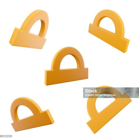 3d 렌더링 노란색 각도기 아이콘 세트입니다 3d 렌더 드래프팅 장치는 각도를 측정하고 도면에 부딪히기 위해 각도로 나누어진 호입니다 다른 위치 아이콘 세트 3차원 형태에