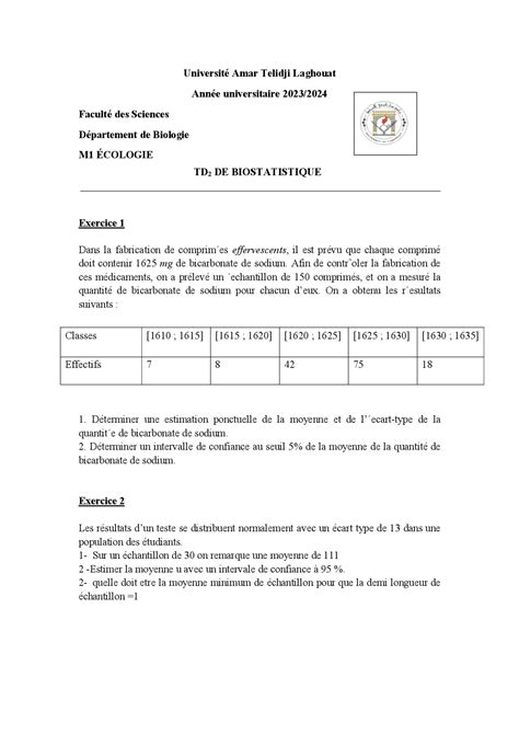 Exercices Estimation For Biologistes Exercises Statistics Docsity