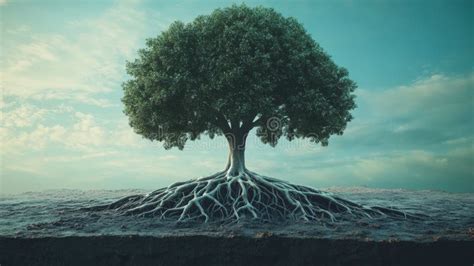 Tree Exhibits Roots Designed Like A Neural Network Symbolizing Organic Intelligence In A Serene