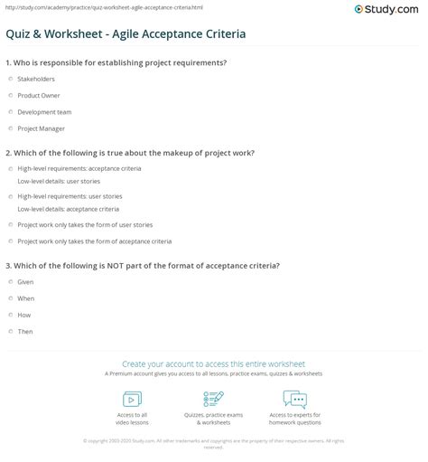 Quiz Worksheet Agile Acceptance Criteria Study Com