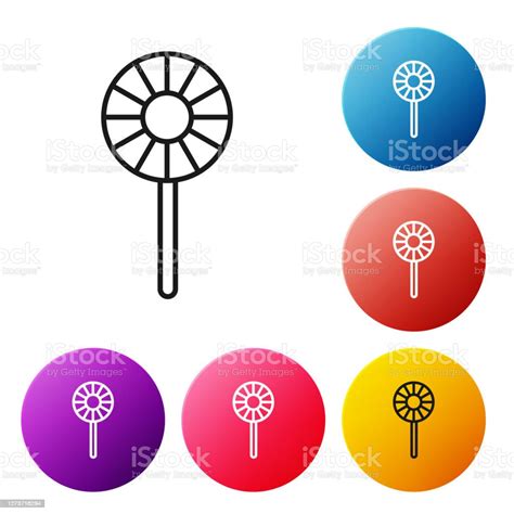 흰색 배경에 격리 된 검은 줄 롤리팝 아이콘 사탕 기호 음식 맛있는 기호 아이콘 을 다채로운 원 버튼을 설정합니다 벡터 공휴일에 대한 스톡 벡터 아트 및 기타 이미지