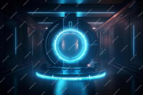 게임 판타지 서클 T에서 빛나는 Hud 프로젝터 매직 게이트의 포털 및 홀로그램 과학 미래 공상 과학 디지털 하이테크 프리미엄 사진