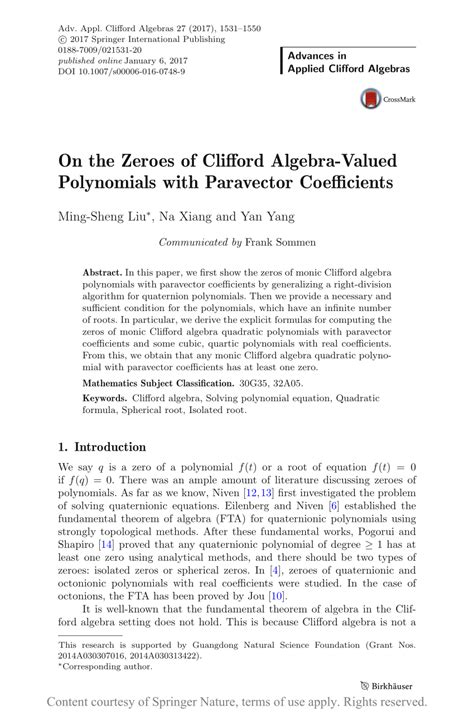 On The Zeroes Of Clifford Algebra Valued Polynomials With Paravector Coefficients Request Pdf
