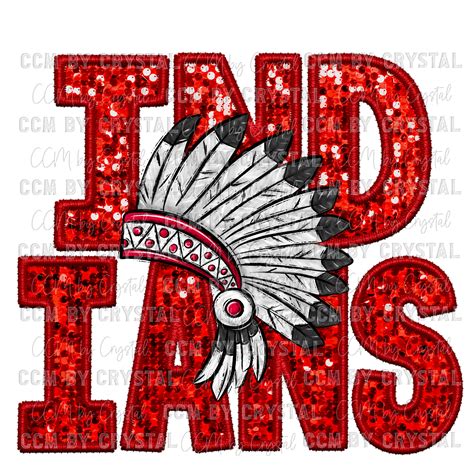 Indians Mascot Faux Embroidery Faux Sequins Ready To Press Transfer Direct To Film Dtf Transfers