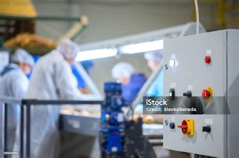 컨베이어 정렬 라인의 장치 제어 패널 대형 농업 회사의 작물 식품 또는 상품의 등급 포장 및 보관을 위한 생산 시설 백그라운드에서 디포커스를 하는 작업자 음식에 대한 스톡