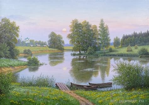 Летний вечер - деревенский пейзаж с рекой.