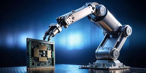 An Industrial Robot Arm Holding A Microchip Against A Background Of