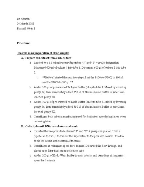 Plasmid Lab Week 3 Genetics Lab With Geoffrey Church Lab Report Dr Church 24 March 2022