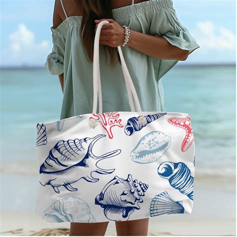 Shell And Sea Star Strandtasche Tasche Im Küstenstil Lebhaftes Ozeanmuster Elegantes