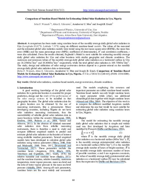 Pdf Comparison Of Sunshine Based Models For Estimating Global Solar Radiation In Uyo Nigeria