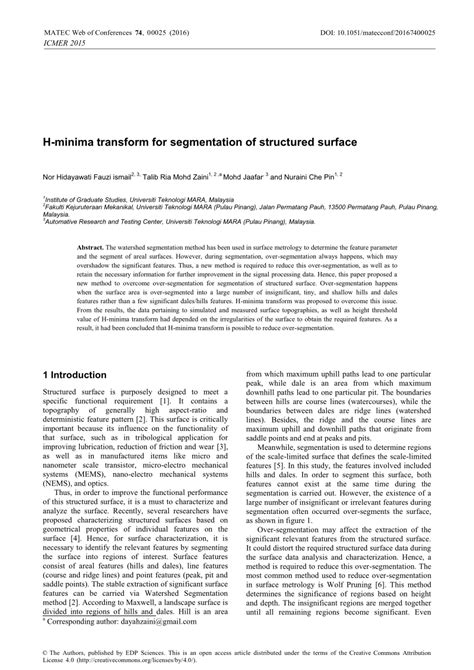 Pdf H Minima Transform For Segmentation Of Structured Surface