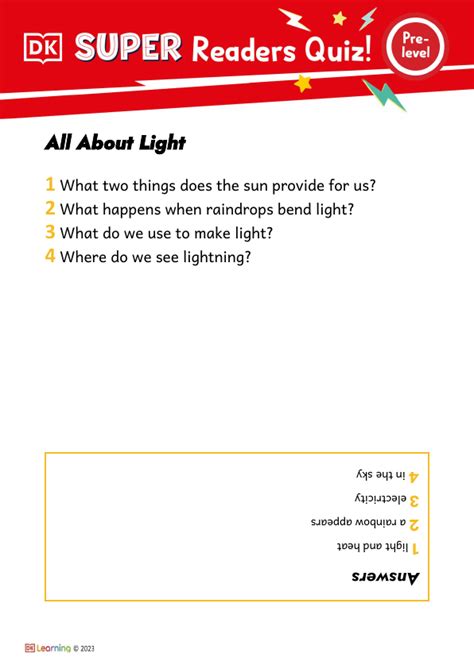 Pre Level All About Light Comprehension Quiz