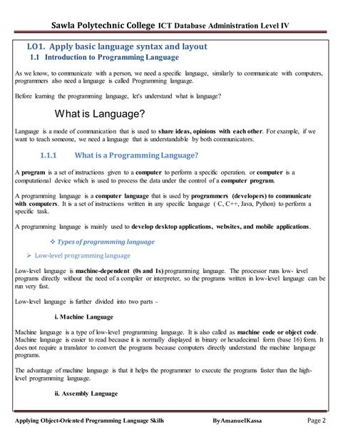 Ict Dba4 05 0811 Apply Object Oriented Programming Language Skillsdoc