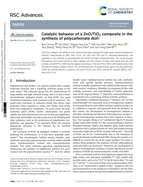Pdf Catalytic Behavior Of A Zno Tio 2 Composite In The Synthesis Of Polycarbonate Diol