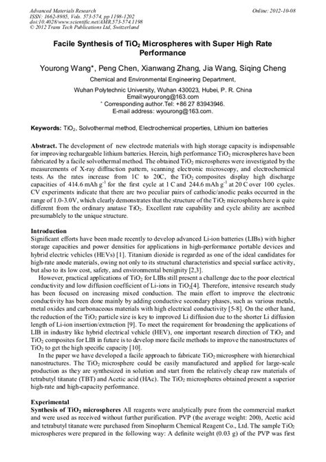 Facile Synthesis Of TiO Microspheres With Super High Rate Performance Scientific Net