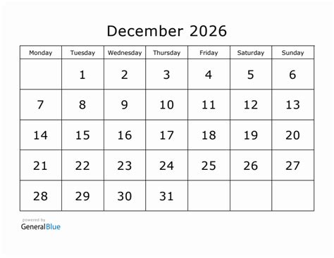 Printable December 2026 Calendar Monday Start