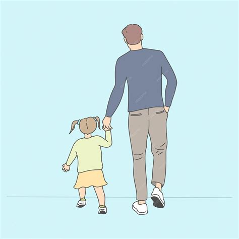 Padre Caminando Con Un Niño De La Mano Papá E Hija Tema Del Día Del