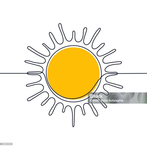 노란색 태양 하나의 검은 연속 선 광선 윤곽선 한 줄 도면 전체 태양과 햇빛을 원 황갈색을 위한 뜨거운 태양 에너지 벡터 아트 일러스트레이션 광선에 대한 스톡 벡터 아트 및