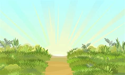 그린 글레이드에 비스듬한 시골 길 여름 초원 오솔길 육즙이 많은 잔디가 닫힙습니다 초원 국가 여행 만화 스타일 플랫 디자인 일러스트 벡터 아트 0명에 대한 스톡 벡터 아트