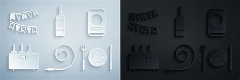 생일 파티 경적 맥주 캔 나무 상자에 담긴 와인 병 접시 포크와 나이프 병 깃발 아이콘이 있는 카니발 화환을 설정합니다 벡터 3차원 형태에 대한 스톡 벡터 아트 및 기타