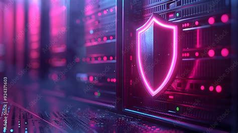 Cybersecurity Concept With A Glowing Shield On A Server Rack In A Data Center Symbolizing Data