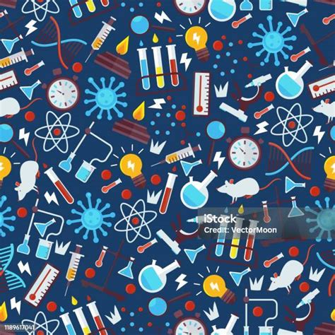 화학 원활한 패턴 벡터 일러스트레이션 플랫 스타일 화학 유리 제품 엠블럼의 실험실 연구 아이콘 과학 실험실 항목 약국 및 의학 공부 과학에 대한 스톡 벡터 아트 및 기타