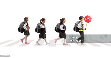 길을 건너고 교통 정지 표지판을 들고 있는 한 무리의 아이들의 전체 길이 프로필 샷 4 5세에 대한 스톡 사진 및 기타 이미지 4 5세 6 7 살 거리 Istock