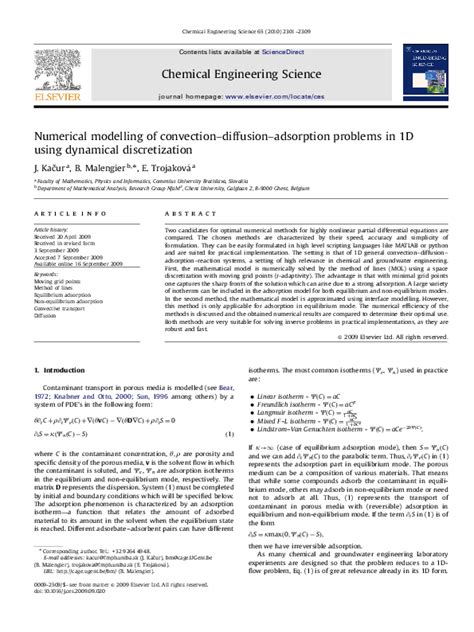 Pdf Numerical Modelling Of Convection Diffusion Adsorption Problems
