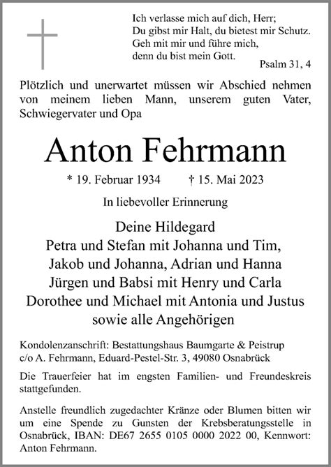 Traueranzeigen Von Anton Fehrmann Noz Trauerportal