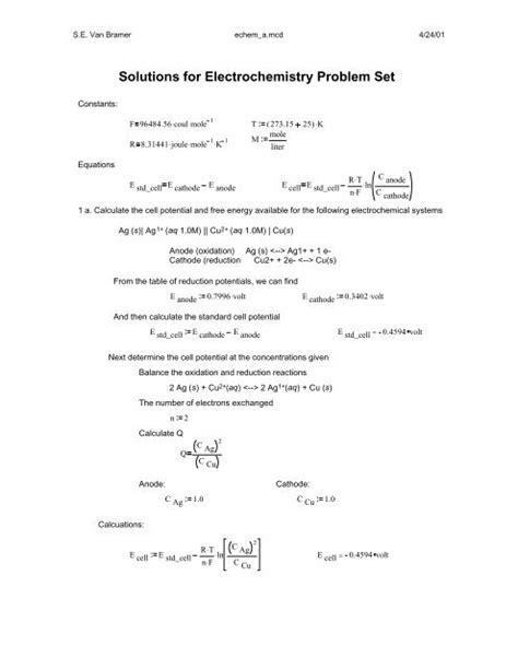 Solutions For Electrochemistry Problem Set Solutions For Electrochemistry Problem Set